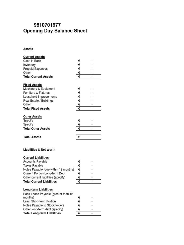 Opening Day Balance Sheet | PDF | Finance & Money Management | Business