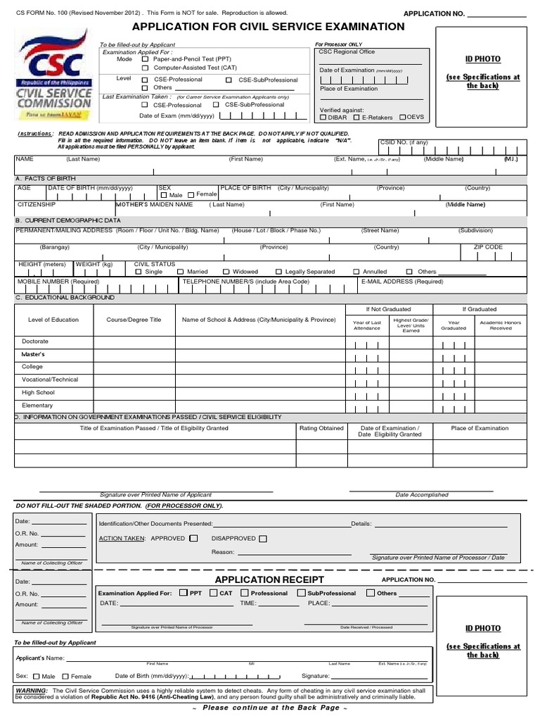 Civil Service Examination Application Form | PDF | Birth Certificate ...