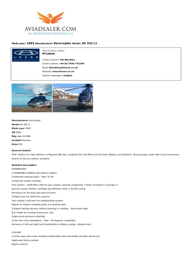 AS 332 L1 Helicopter for Sale | PDF | Cockpit | Landing Gear