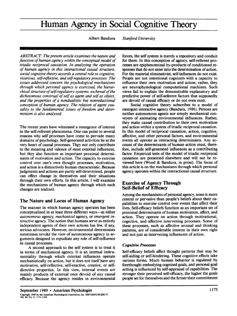 Bandura 1989 Human Agency in Social Cognitive Theory | Self Efficacy ...