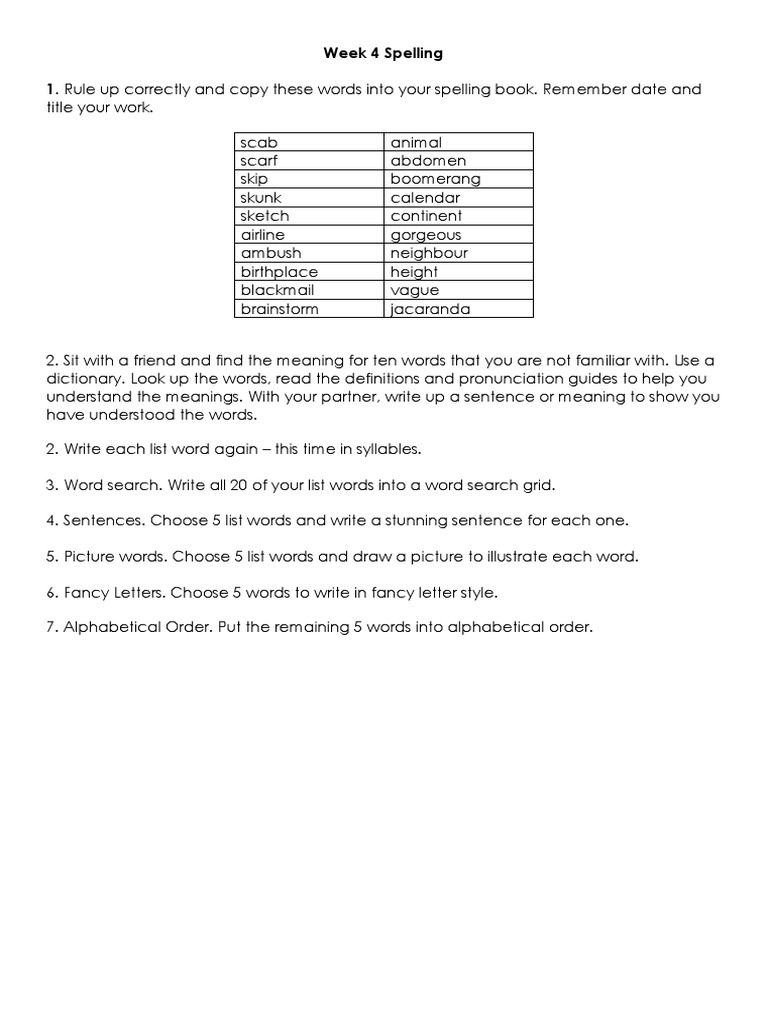 Week 4 Spelling 1. Rule Up Correctly and Copy These Words Into Your ...