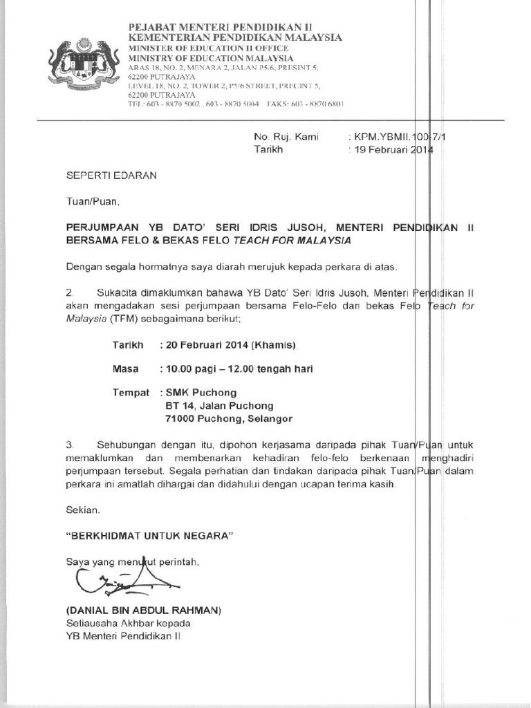 Surat Jemputan Perjumpaan YBM Bersama Felo TFM | PDF | Kajian Bahasa ...
