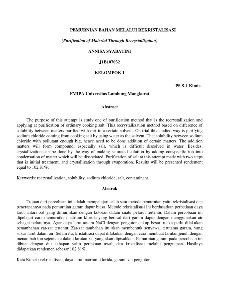 Pemurnian Bahan Melalui Rekristalisasi | PDF | Sains & Matematika