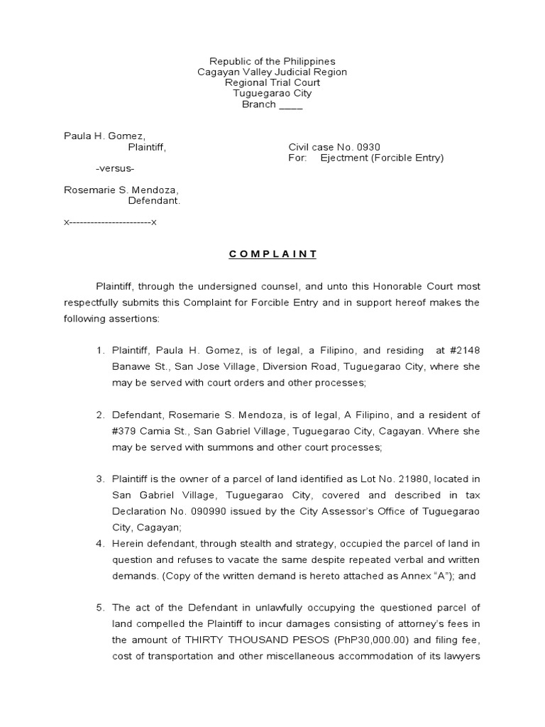 Forcible Entry | Complaint | Justice