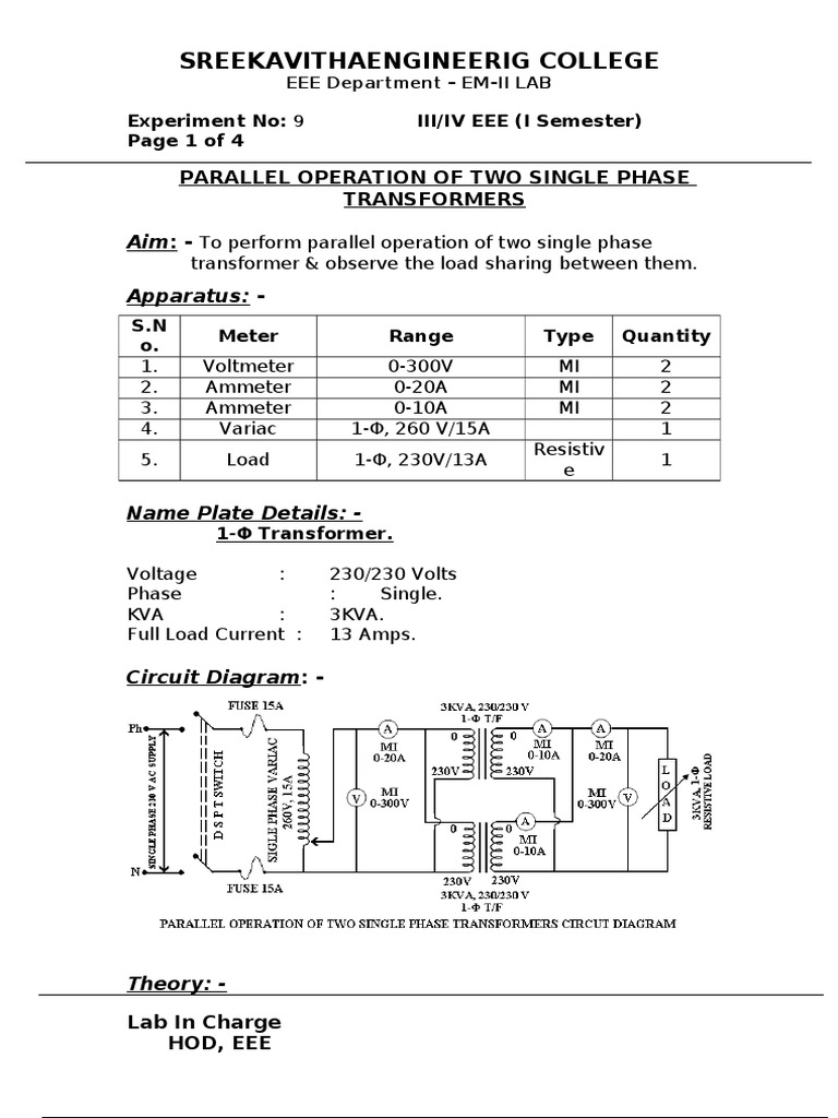 9 Parallel Operation of Two Single Phase Transformers | PDF | Transformer | Electrodynamics