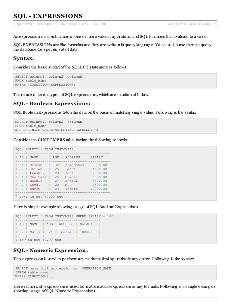 SQL - Expressions: Syntax | PDF | Sql | Table (Database) SQL - Expressions: Syntax | PDF | Sql | Table (Database)