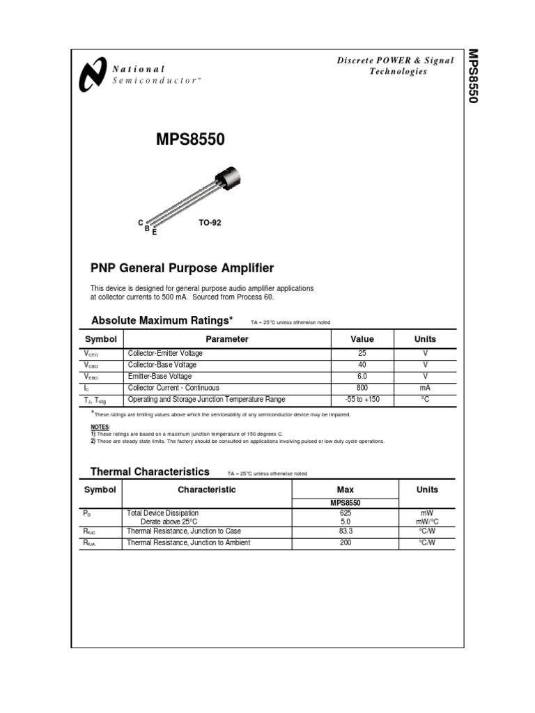 PNP General Purpose Amplifier: Absolute Maximum Ratings | PDF | Bipolar Junction Transistor ...