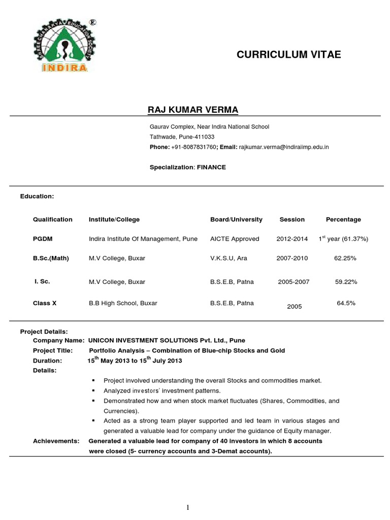 Curriculum Vitae: Raj Kumar Verma | PDF | Stocks | Investor Curriculum Vitae: Raj Kumar Verma | PDF | Stocks | Investor