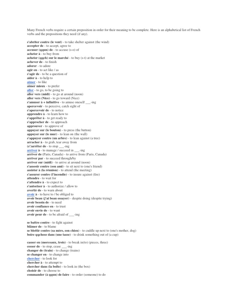 French Verbs and Their Prepositions List | PDF | Semantic Units | Rules