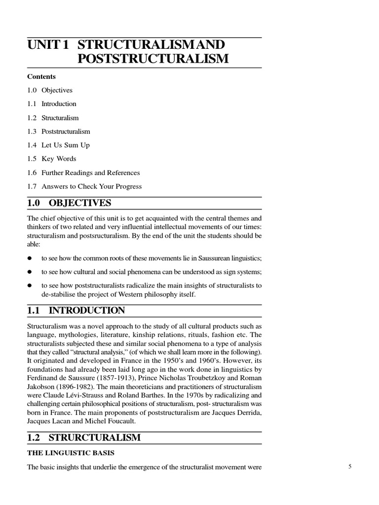Unit 1 Structuralismand Poststructuralism: 1.0 Objectives | PDF ...