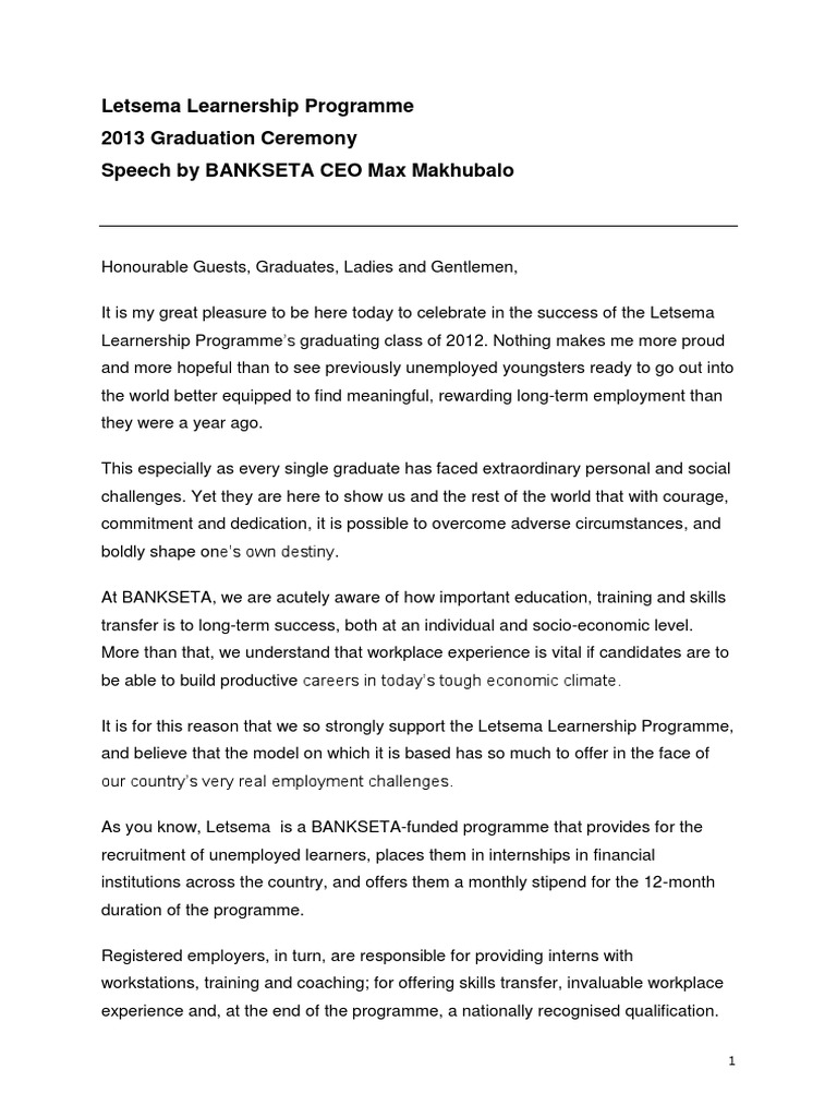 BankSETA Letsema Learnership Programme Graduation Speech | PDF ...