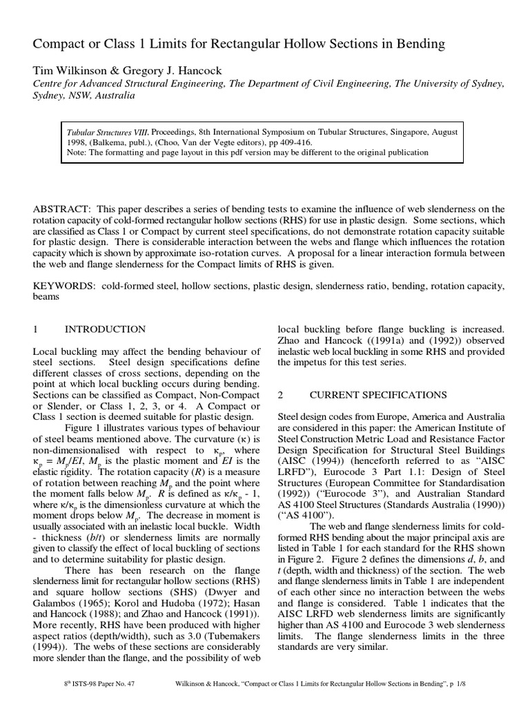 Compact or Class 1 Limits For Rectangular Hollow Sections in Bending ...