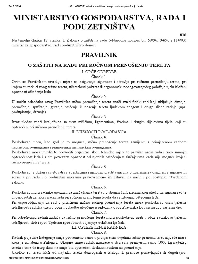Pravilnik o Zaštiti Na Radu Pri Ručnom Prenošenju Tereta | PDF