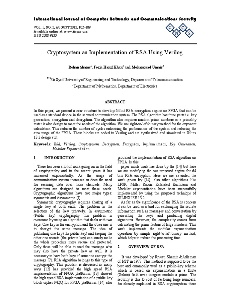 Cryptosystem An Implementation Of Rsa Using Verilog Pdf Public Key Cryptography Key