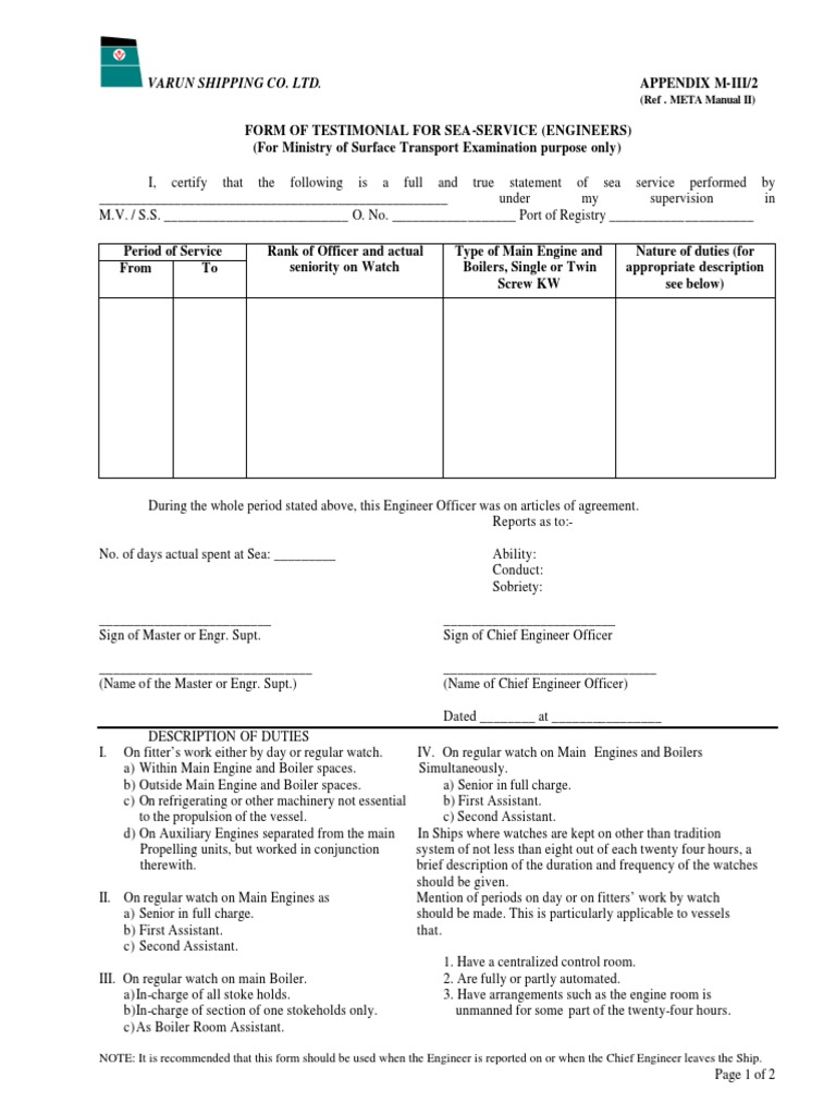 Sea Service Testimonial - Engineers1 | Marine Propulsion | Shipping