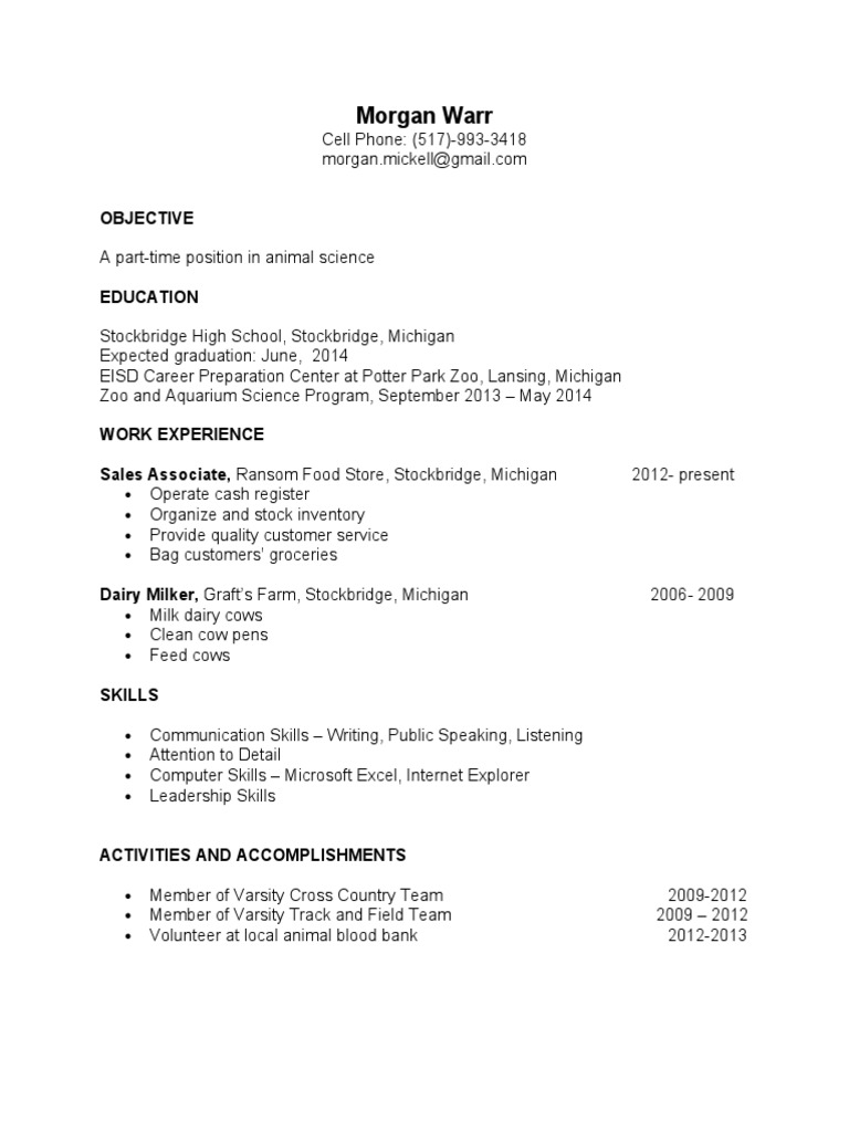 Morgan Warr's Animal Science Resume | PDF