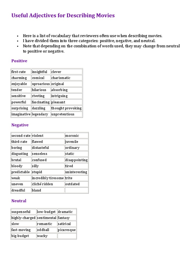 Adjectives To Describe Film | PDF