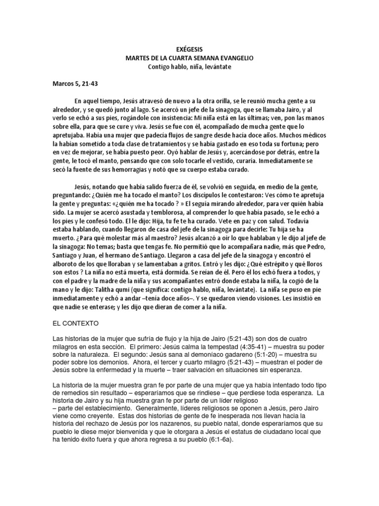 EXÉGESIS Marcos 5, 21-43 | PDF | Evangelio De Lucas | Fe