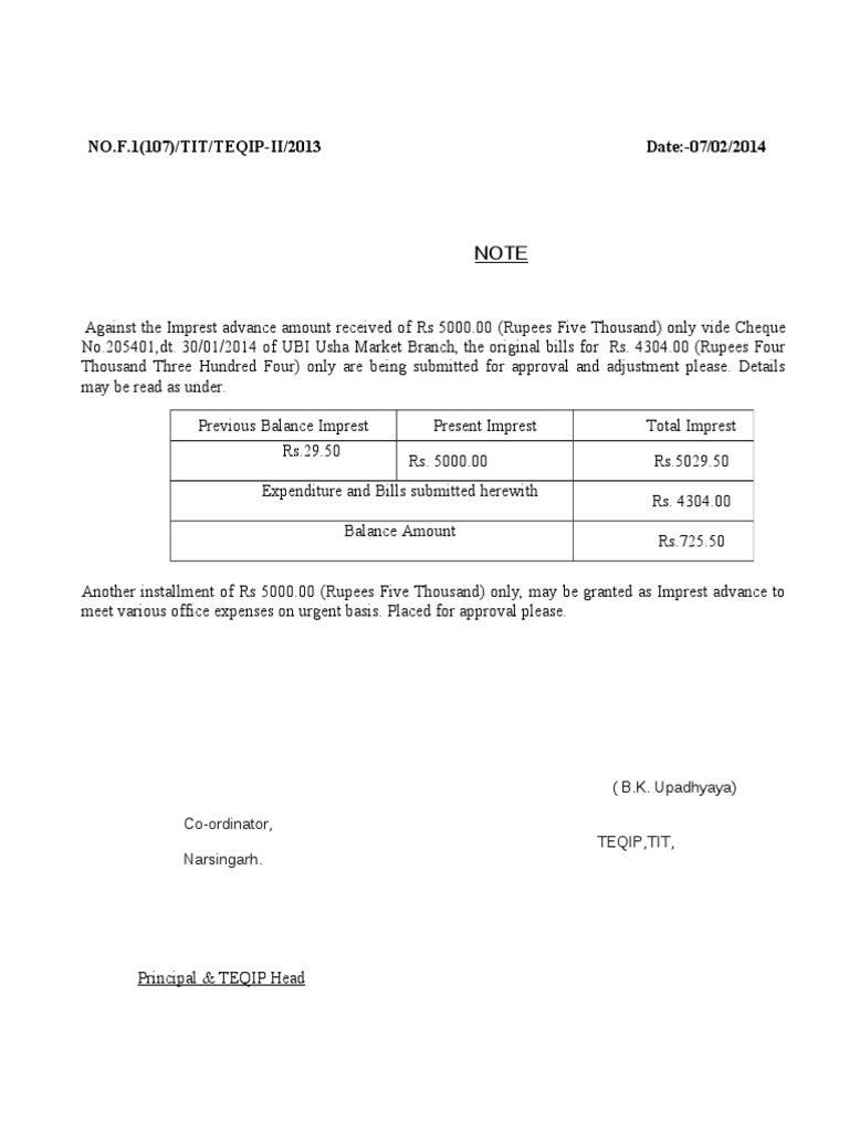 TEQIP-II Imprest Advance Request | PDF | Business | Finance & Money Management