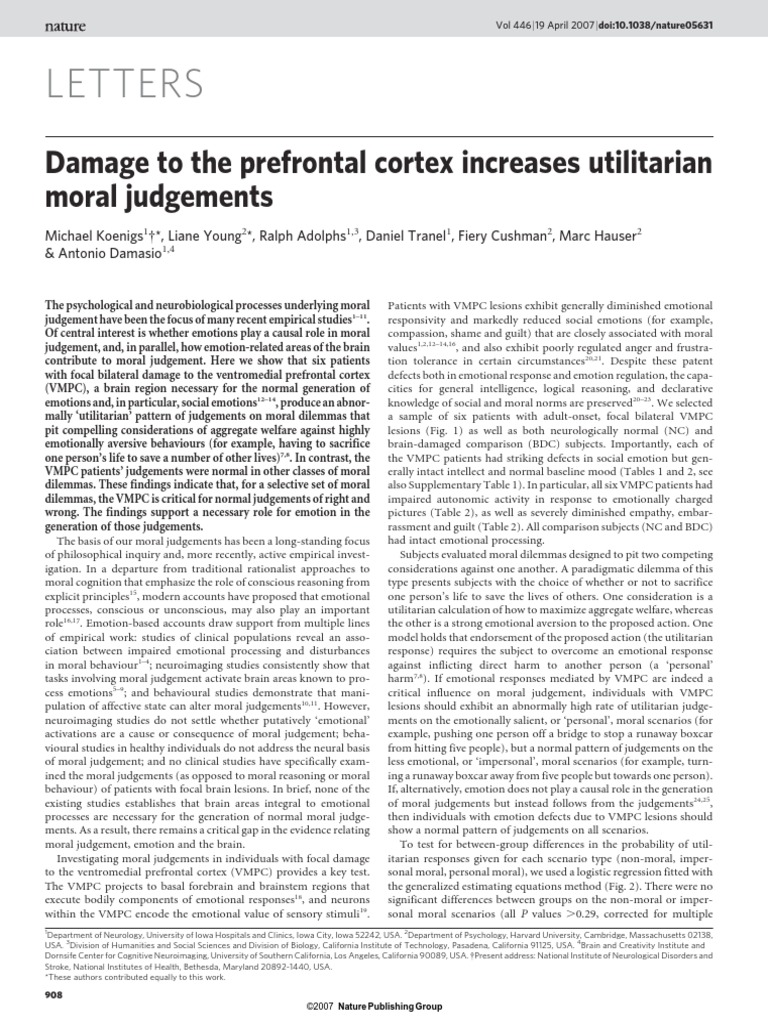 Damage To The Prefrontal Cortex Increases Utilitarian Moral Judgements ...