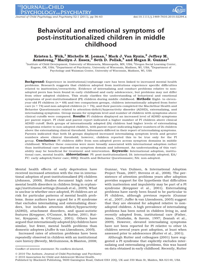 Behavioral and Emotional Symptoms of Post-Institutionalized Children in ...