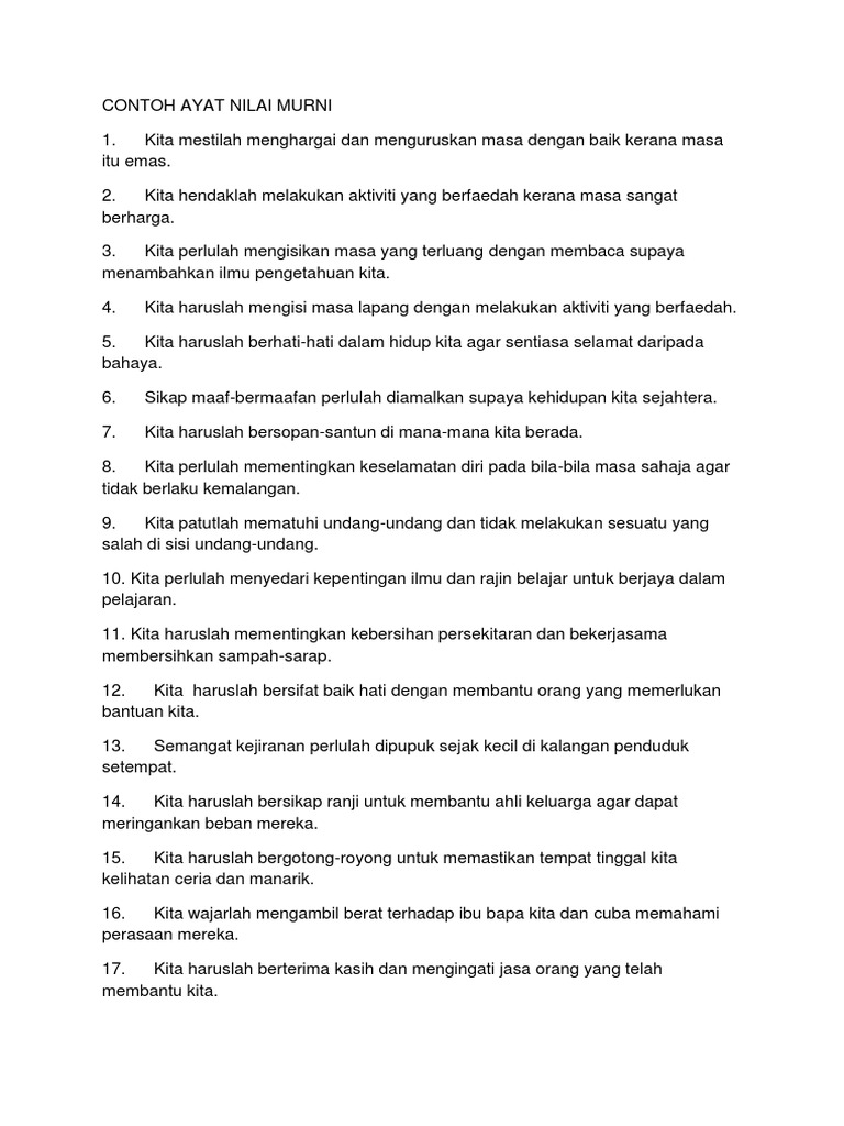 Contoh Ayat Nilai Murni | PDF