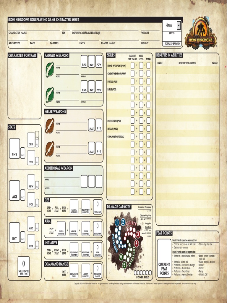 Iron Kingdoms RPG - Character Sheet (Fillable) PDF | PDF ...