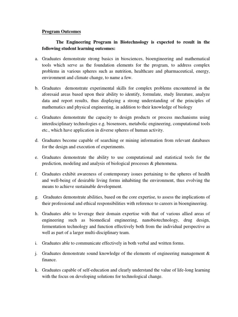Program Outcomes IC | PDF | Biological Engineering | Biomedical Engineering