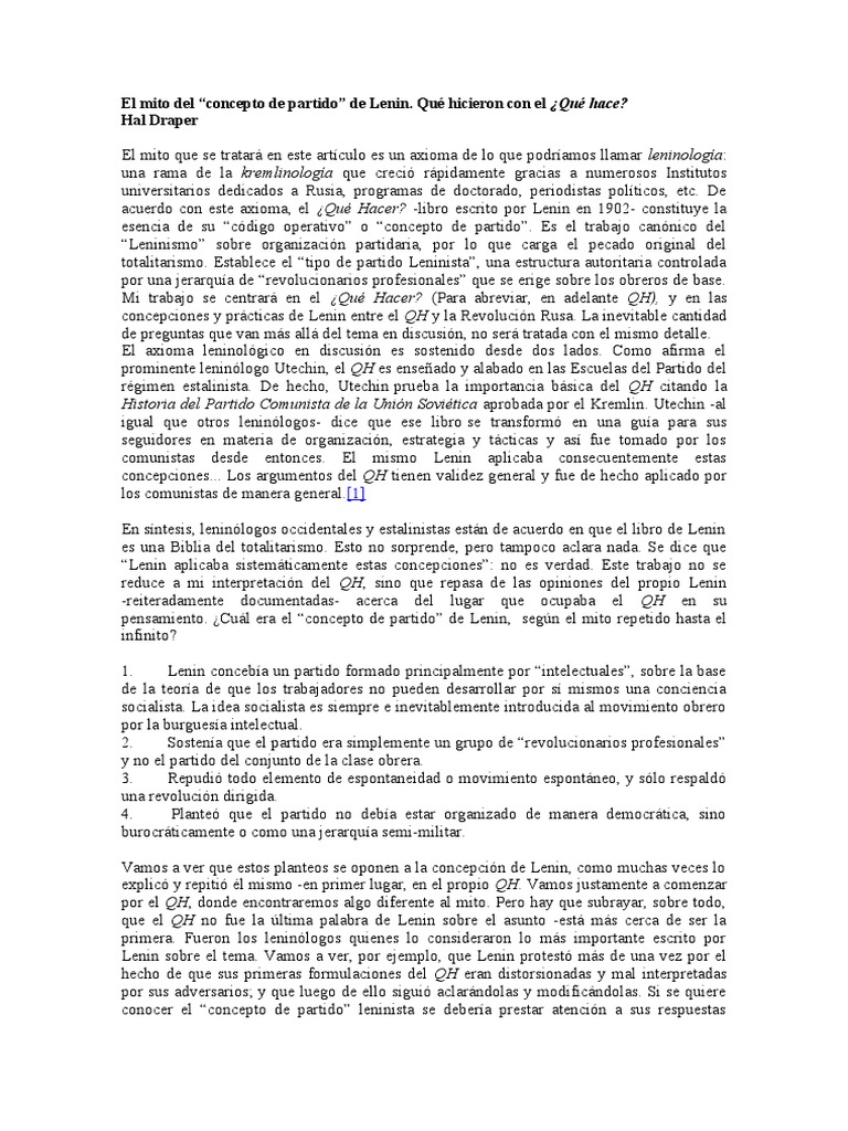Hal Draper - El Mito Del Concepto de Partido de Lenin | PDF ...