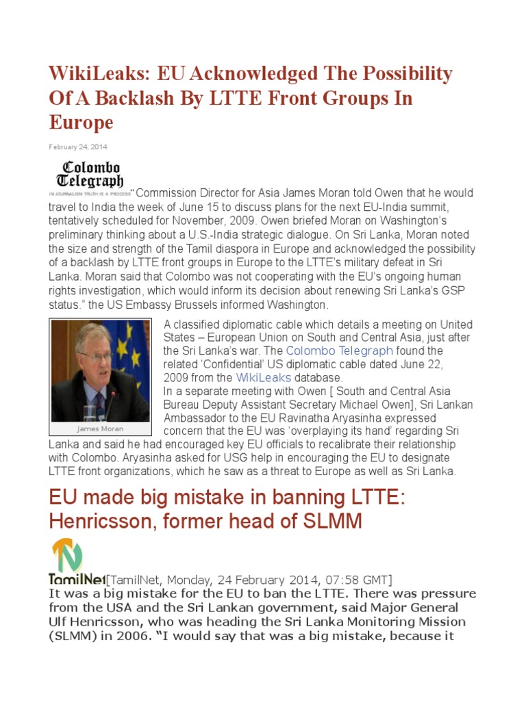 WikiLeaks EU Acknowledged The Possibility of A Backlash by LTTE Front Groups in Europe | PDF ...