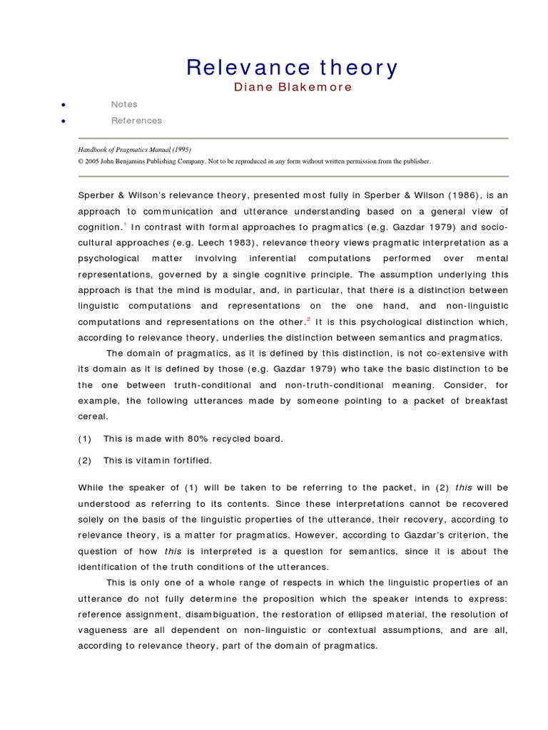 Blakemore, D - Relevance Theory (From Handbook of Pragmatics Manual ...