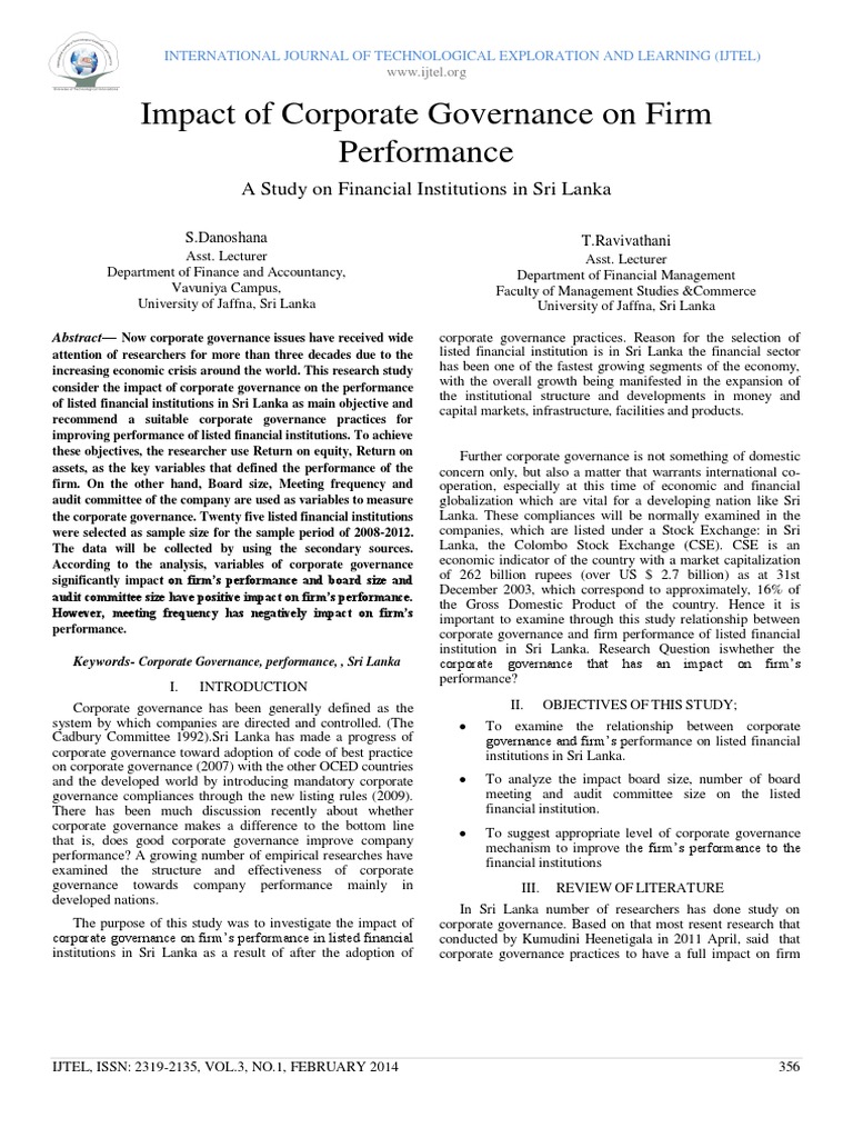 Impact of Corporate Governance On Firm Performance A Study On Financial Institutions in Sri ...