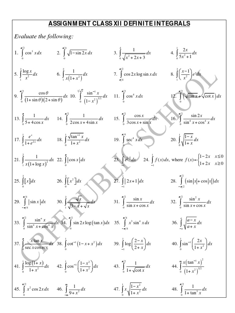 Xii Definite Integrals Assignment Pdf Differential Calculus Real