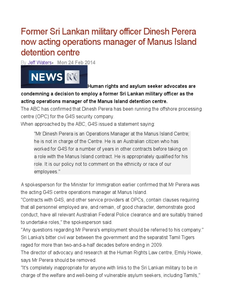 Former Sri Lankan Military Officer Dinesh Perera Now Acting Operations ...