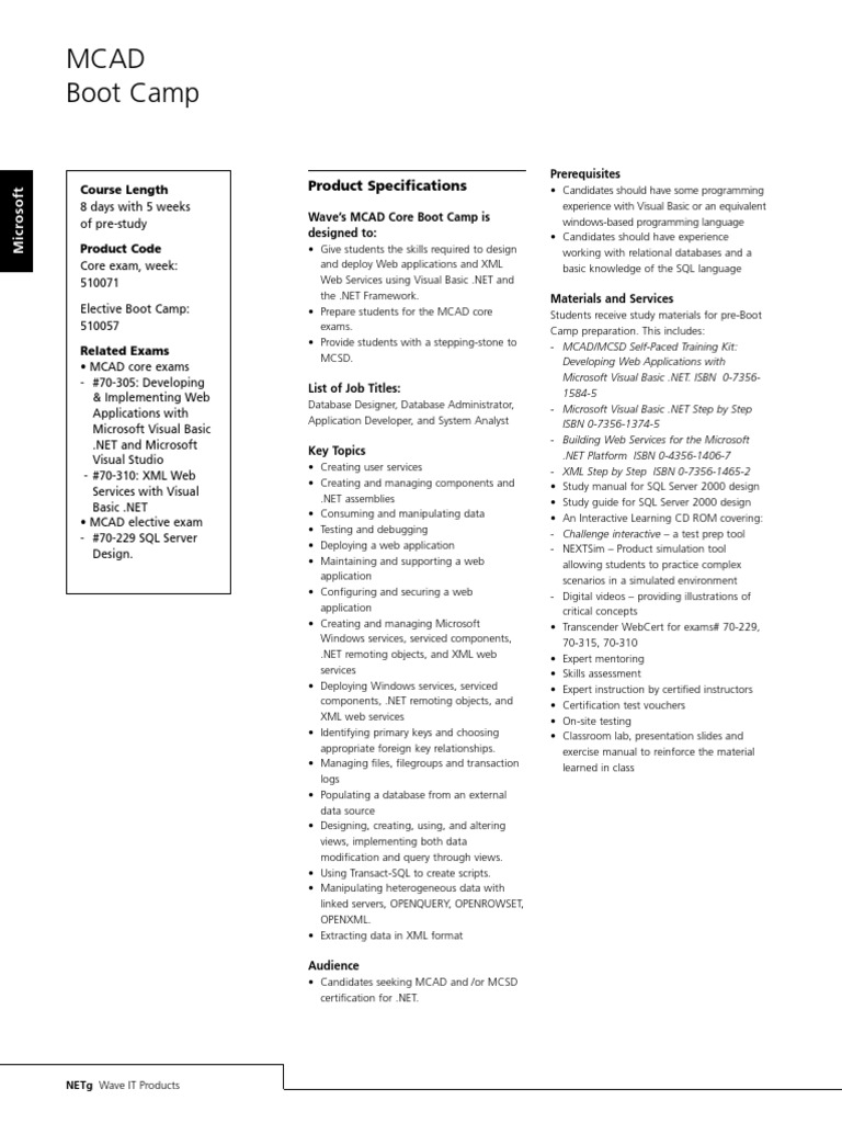 Mcad Boot Camp: Product Specifications | PDF | Microsoft Sql Server | Web Application