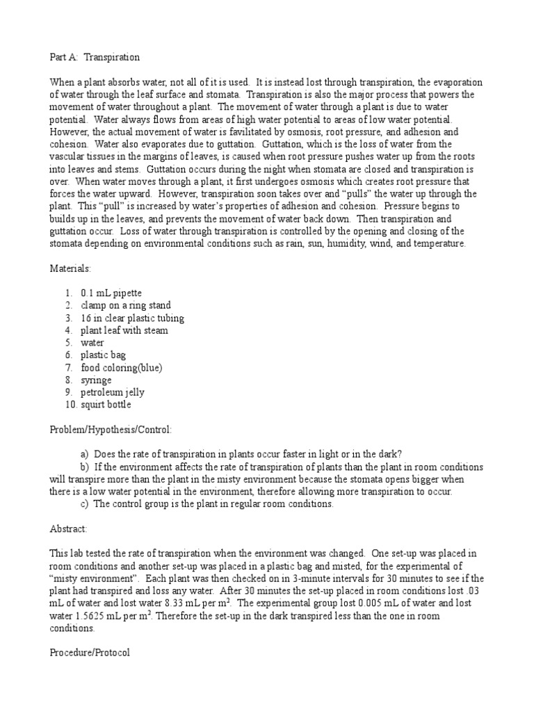 Lab Write Up: AP Bio Transpiration Lab | PDF | Stoma | Leaf