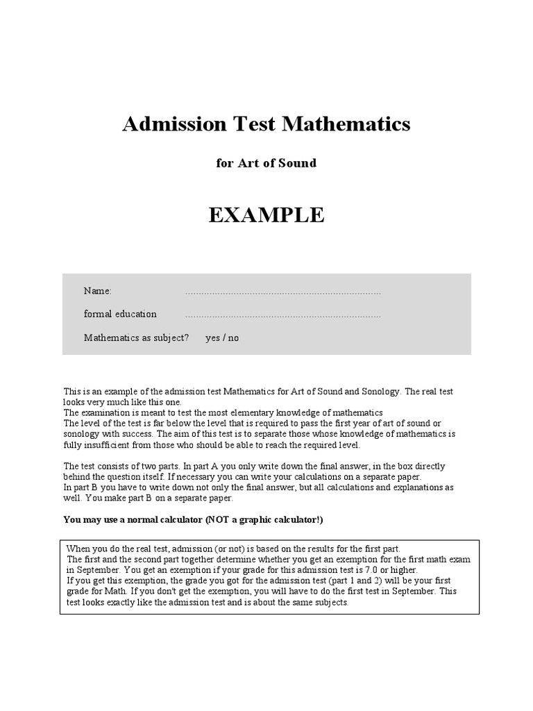 EXAMPLE Admission Test Mathematics | PDF | University And College ...