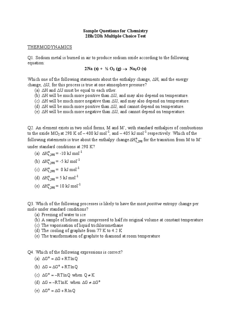 Sample Questions For Chemistry 2Bh/2Dh Multiple Choice Test ...