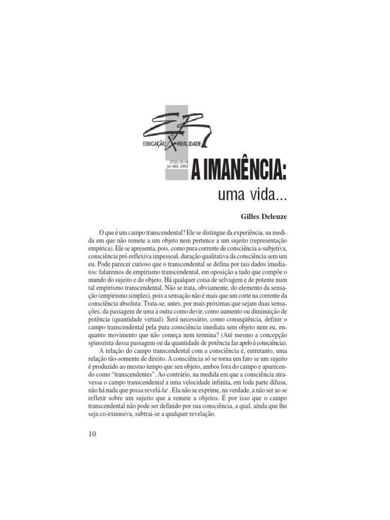 Campo Transcendental e Imanência | PDF | Consciência | Transcendência ...
