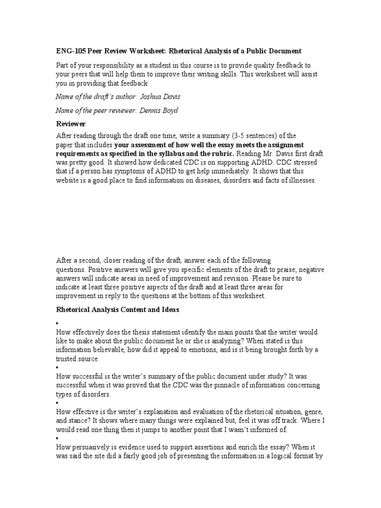 ENG-105 Peer Review Worksheet | Download Free PDF | Essays | Semiotics