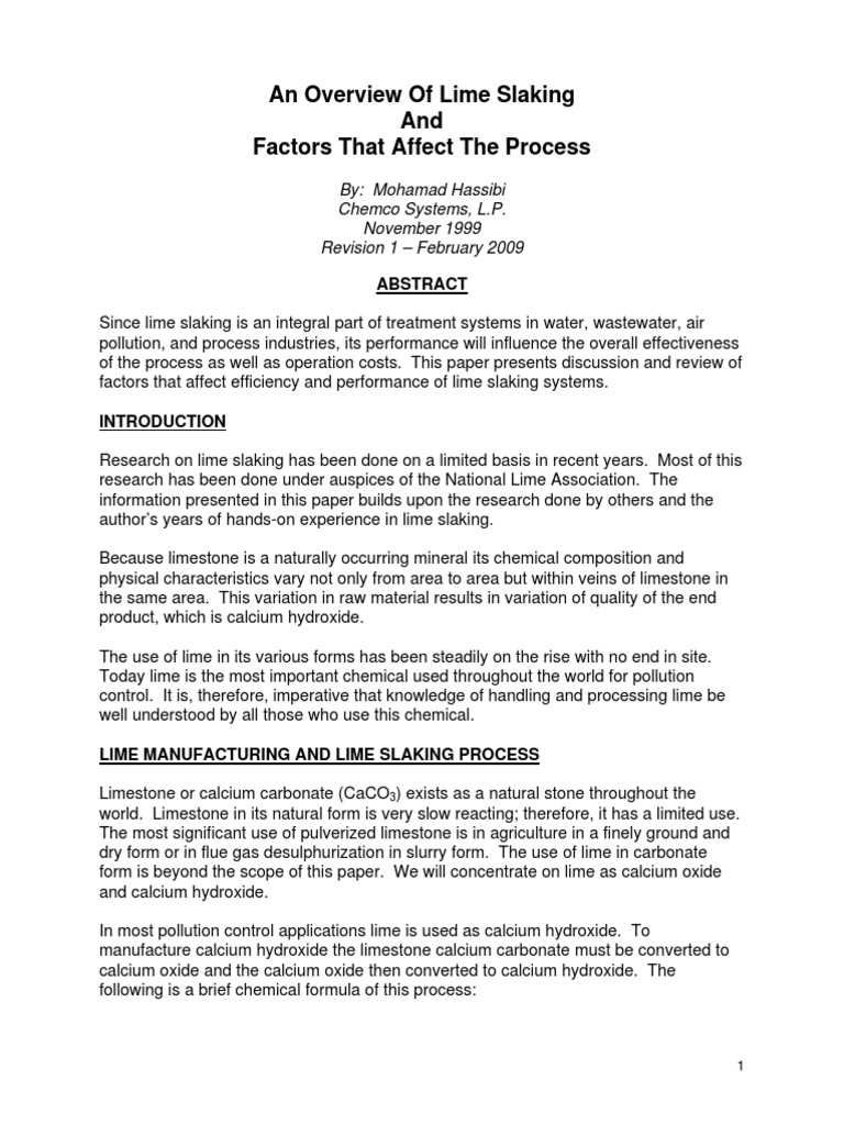 Lime Slaking Process Overview | PDF | Calcium | Chemical Elements