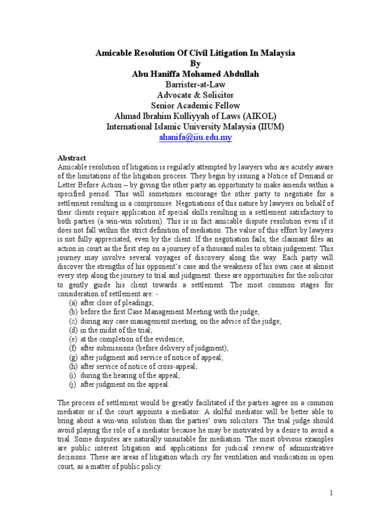 Amicable Resolution of Civil Litigation in Malaysia by Abu Haniffa ...