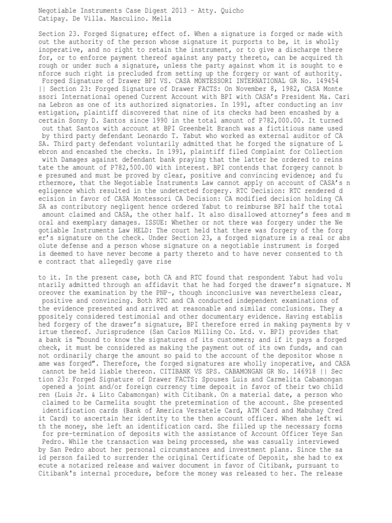 Nego Case Digest 1 PDF | PDF | Negotiable Instrument | Cheque