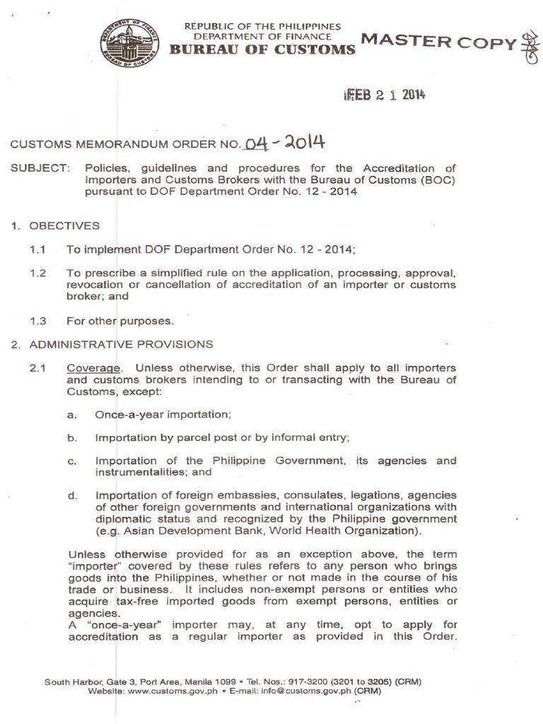 Customs Memorandum Order 04-2014 | PDF