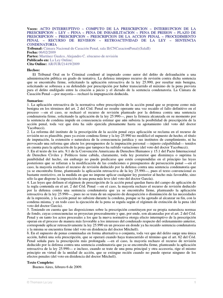 2009 - Martínez Gualco - CNCP - Sala II - Prescripción y Ley Penal Más ... 2009 - Martínez Gualco - CNCP - Sala II - Prescripción y Ley Penal Más ...