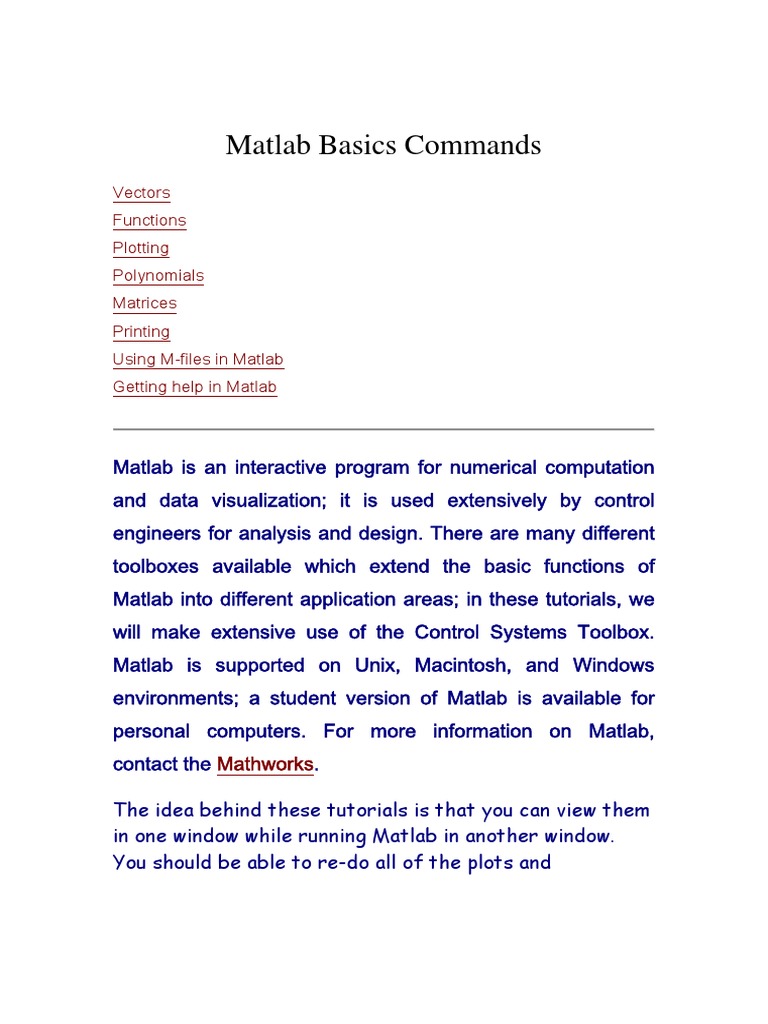 Matlab Basic Commands Pdf Matlab Matrix Mathematics