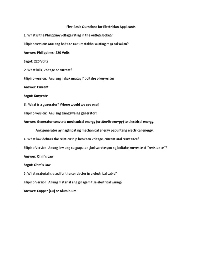 Essential Questions for Electrician Candidates | PDF | Electrical ...