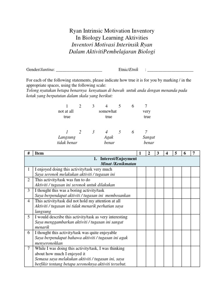 Ryan Intrinsic Motivation Inventory Soalan Disahkan | PDF