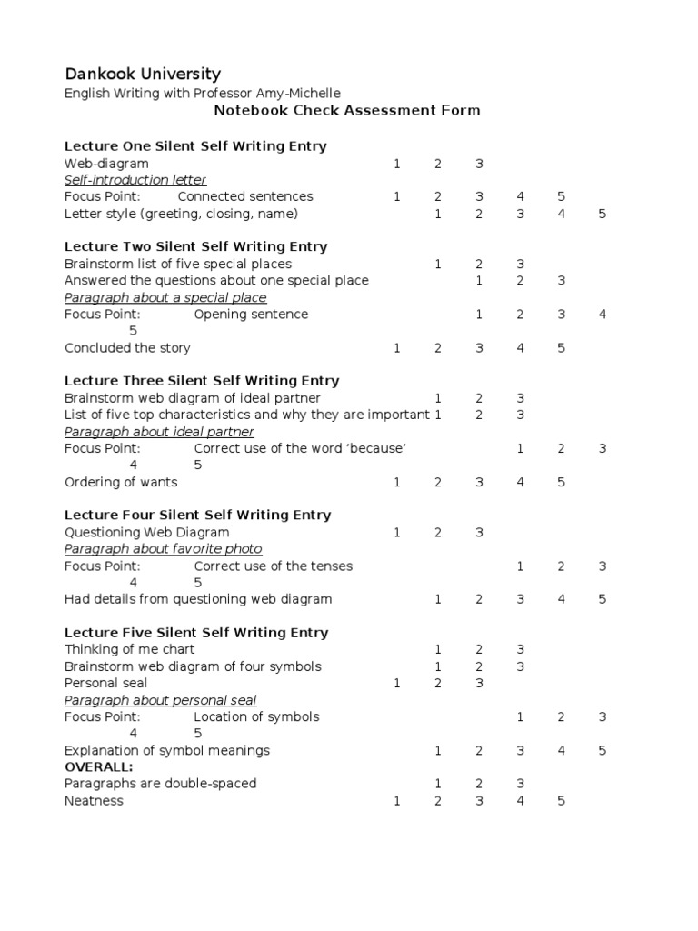 The Notebook Assessment Sheet | PDF