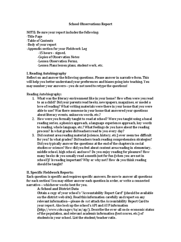School Observations Report | PDF | Reading (Process) | Teachers